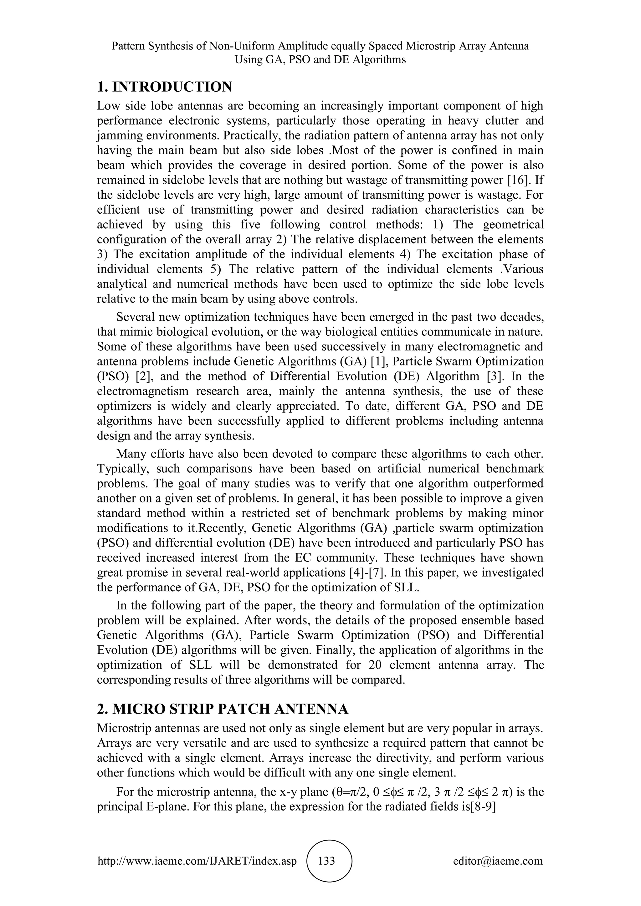 PATTERN SYNTHESIS OF NON-UNIFORM AMPLITUDE EQUALLY SPACED MICROSTRIP ARRAY ANTENNA USING GA, PSO ...