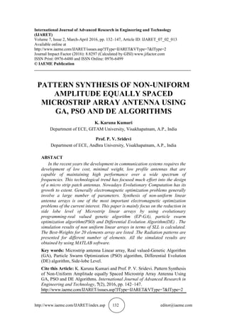 PATTERN SYNTHESIS OF NON-UNIFORM AMPLITUDE EQUALLY SPACED MICROSTRIP ARRAY ANTENNA USING GA, PSO ...