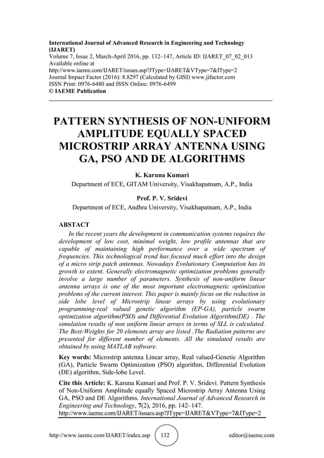 PATTERN SYNTHESIS OF NON-UNIFORM AMPLITUDE EQUALLY SPACED MICROSTRIP ARRAY ANTENNA USING GA, PSO ...