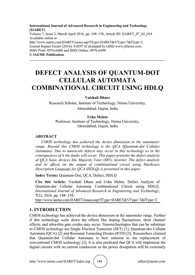 DEFECT ANALYSIS OF QUANTUM-DOT CELLULAR AUTOMATA COMBINATIONAL CIRCUIT USING HDLQ | PDF ...