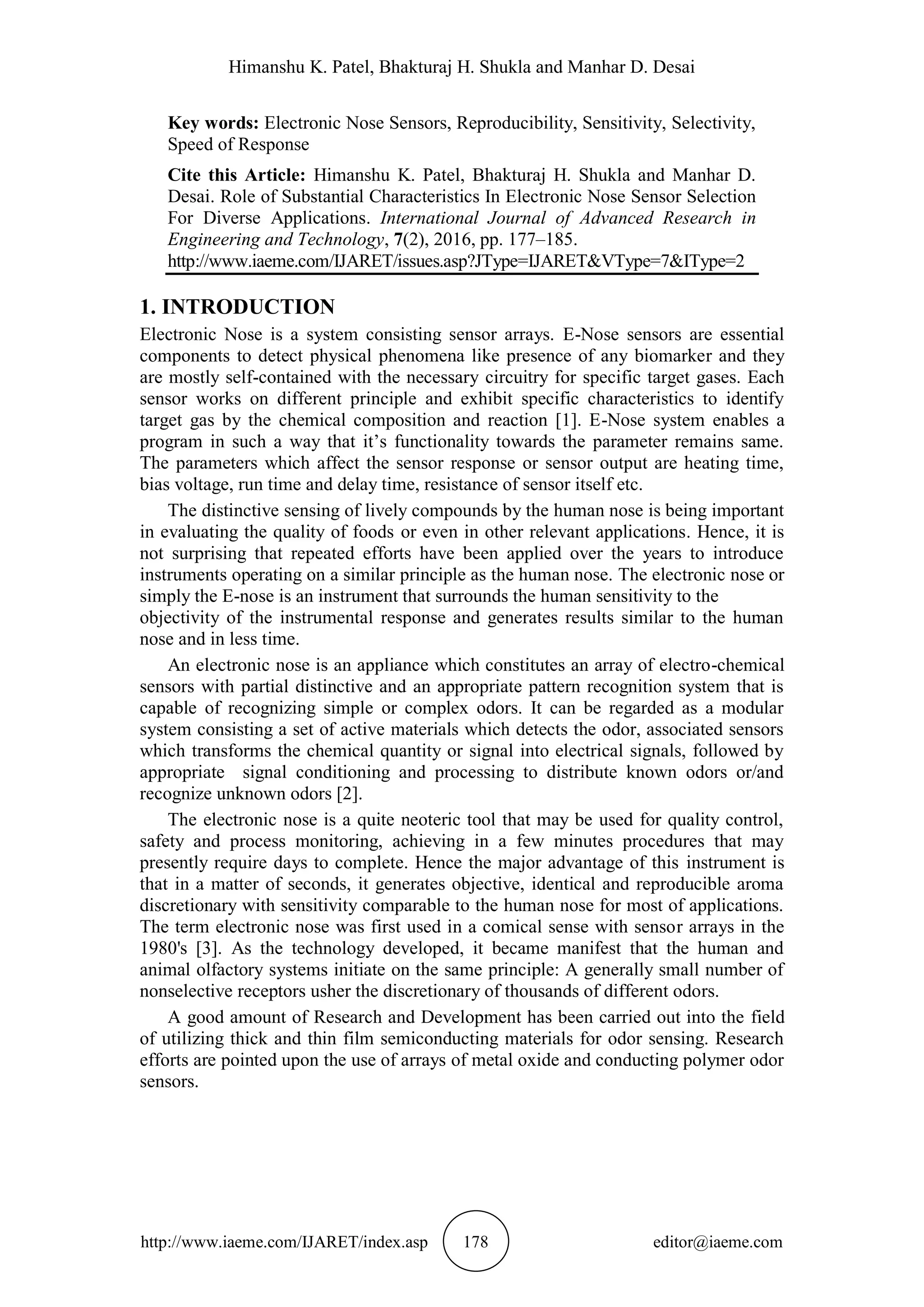 ROLE OF SUBSTANTIAL CHARACTERISTICS IN ELECTRONIC NOSE SENSOR SELECTION ...