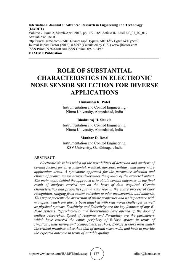 ROLE OF SUBSTANTIAL CHARACTERISTICS IN ELECTRONIC NOSE SENSOR SELECTION ...