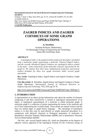 ZAGREB INDICES AND ZAGREB COINDICES OF SOME GRAPH OPERATIONS | PDF