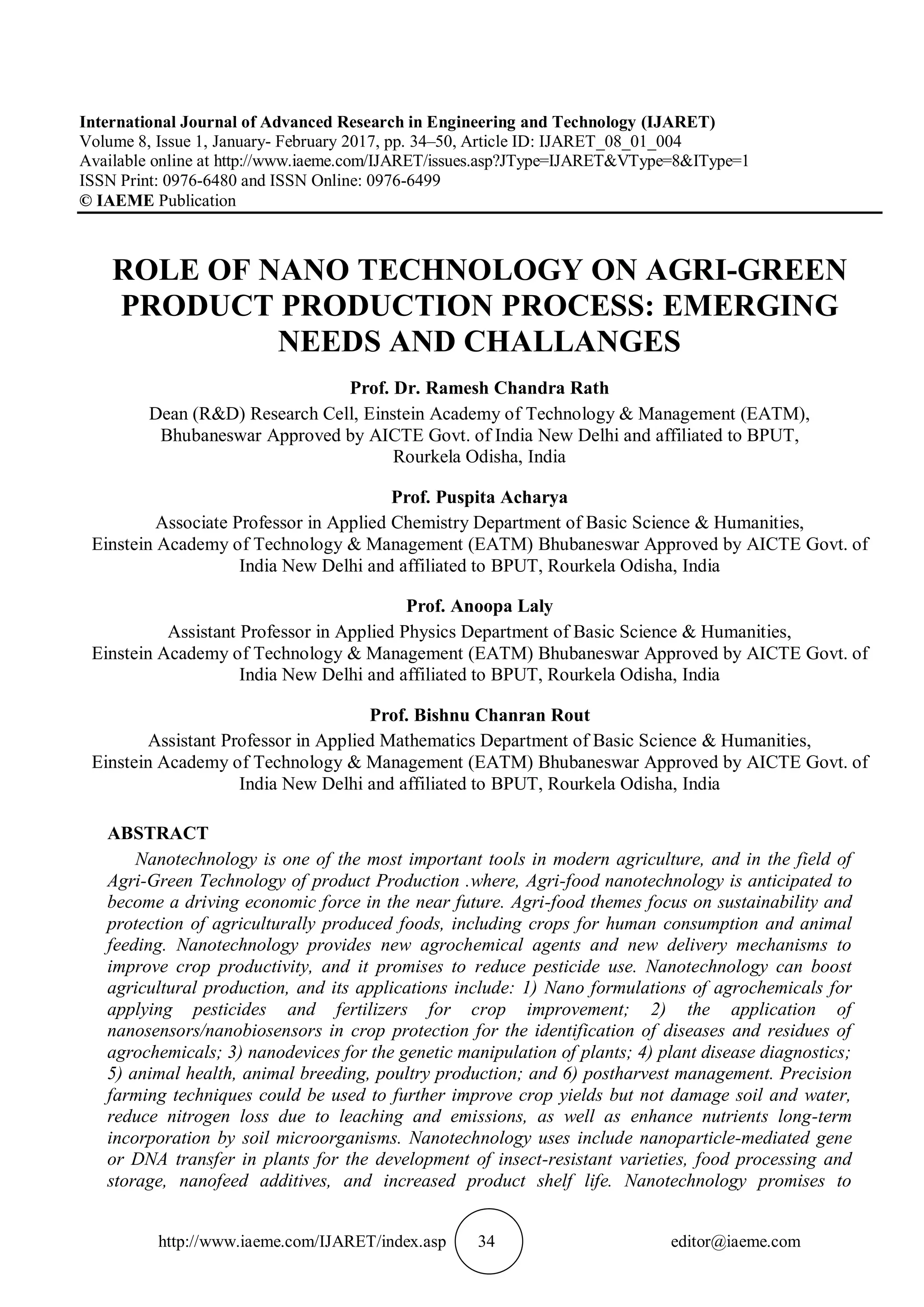 ROLE OF NANO TECHNOLOGY ON AGRI-GREEN PRODUCT PRODUCTION PROCESS: EMERGING NEEDS AND CHALLANGES ...