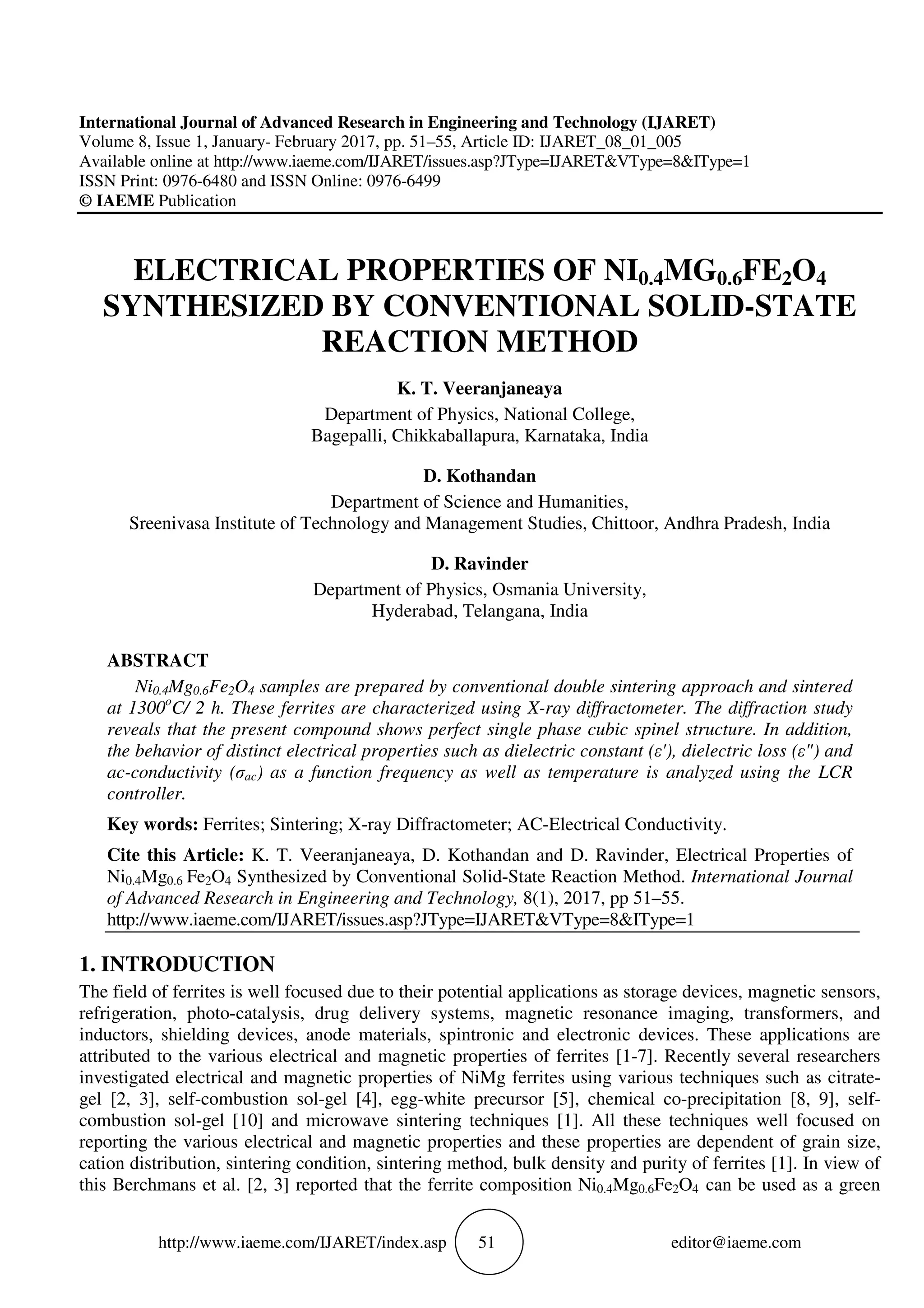 ELECTRICAL PROPERTIES OF NI0.4MG0.6FE2O4 SYNTHESIZED BY CONVENTIONAL ...