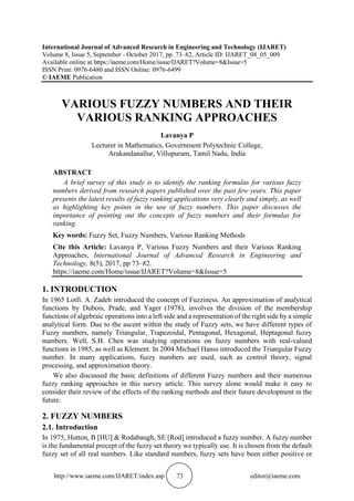 VARIOUS FUZZY NUMBERS AND THEIR VARIOUS RANKING APPROACHES | PDF