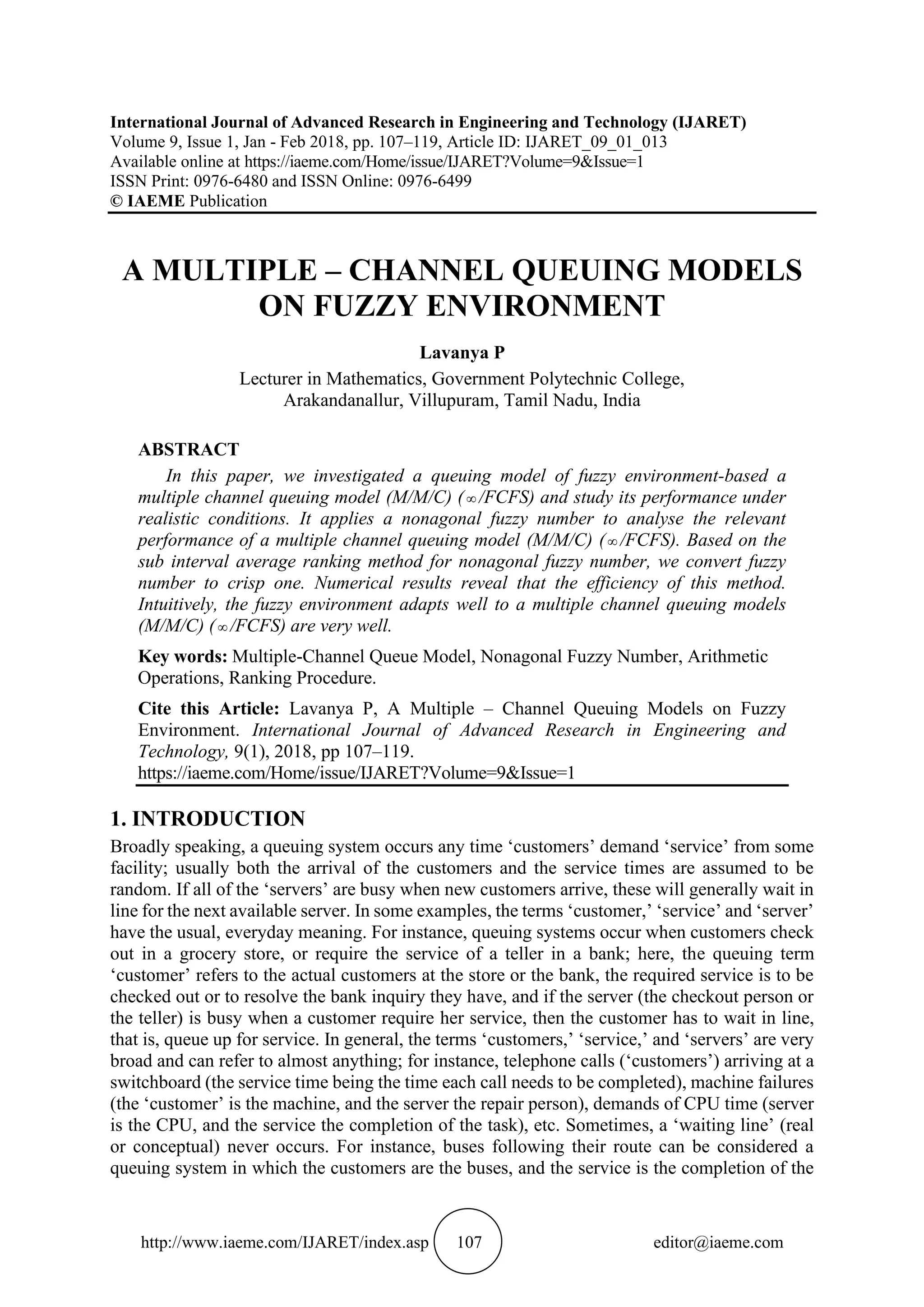 A MULTIPLE – CHANNEL QUEUING MODELS ON FUZZY ENVIRONMENT | PDF