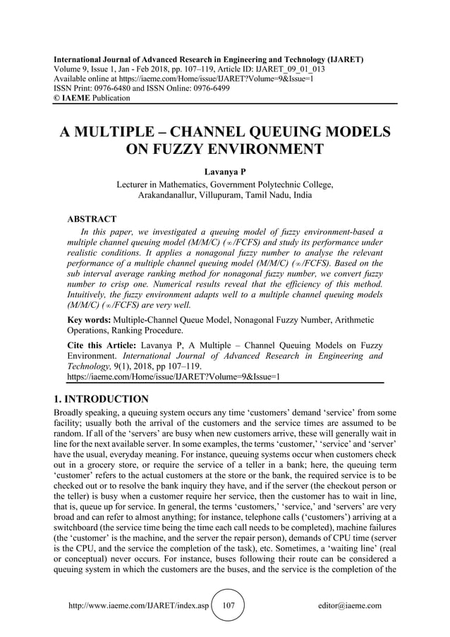A MULTIPLE – CHANNEL QUEUING MODELS ON FUZZY ENVIRONMENT | PDF