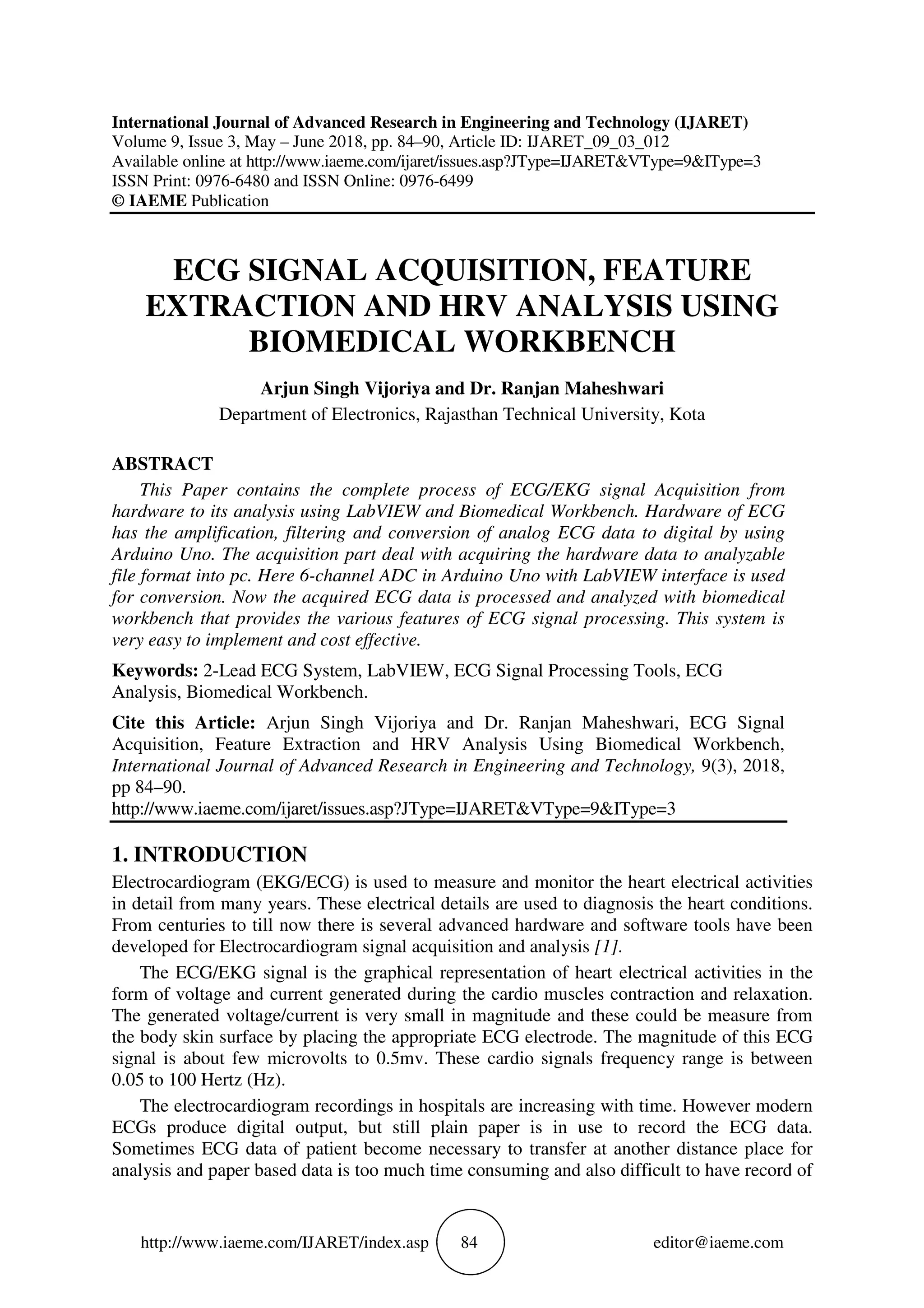 Ecg Signal Acquisition Feature Extraction And Hrv Analysis Using