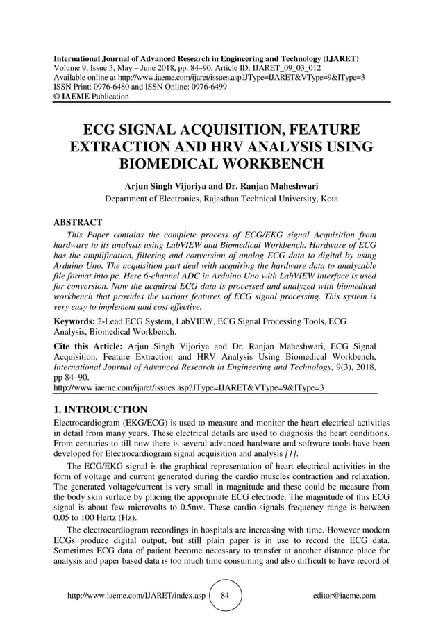 ECG SIGNAL ACQUISITION, FEATURE EXTRACTION AND HRV ANALYSIS USING BIOMEDICAL WORKBENCH | PDF ...