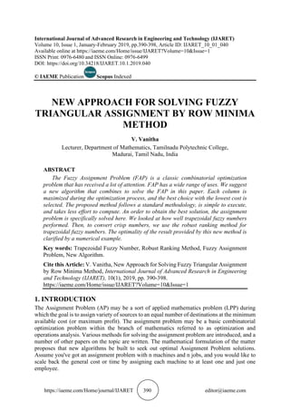 NEW APPROACH FOR SOLVING FUZZY TRIANGULAR ASSIGNMENT BY ROW MINIMA METHOD | PDF