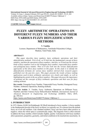 FUZZY ARITHMETIC OPERATIONS ON DIFFERENT FUZZY NUMBERS AND THEIR VARIOUS FUZZY DEFUZZIFICATION ...