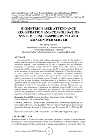 BIOMETRIC BASED ATTENDANCE REGISTRATION AND CONSOLIDATION SYSTEM USING RASPBERRY PI3 AND AMAZON ...