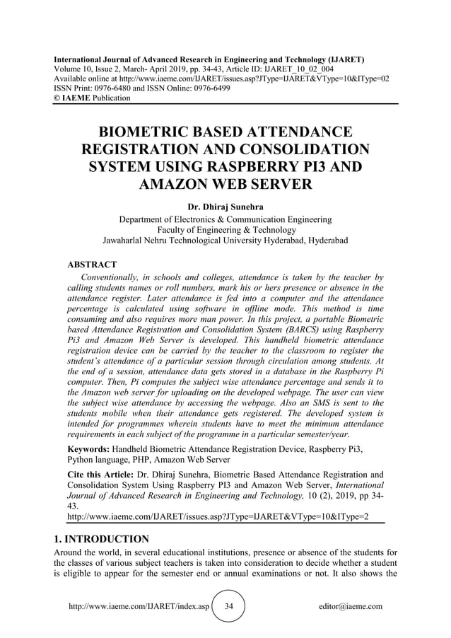 BIOMETRIC BASED ATTENDANCE REGISTRATION AND CONSOLIDATION SYSTEM USING RASPBERRY PI3 AND AMAZON ...