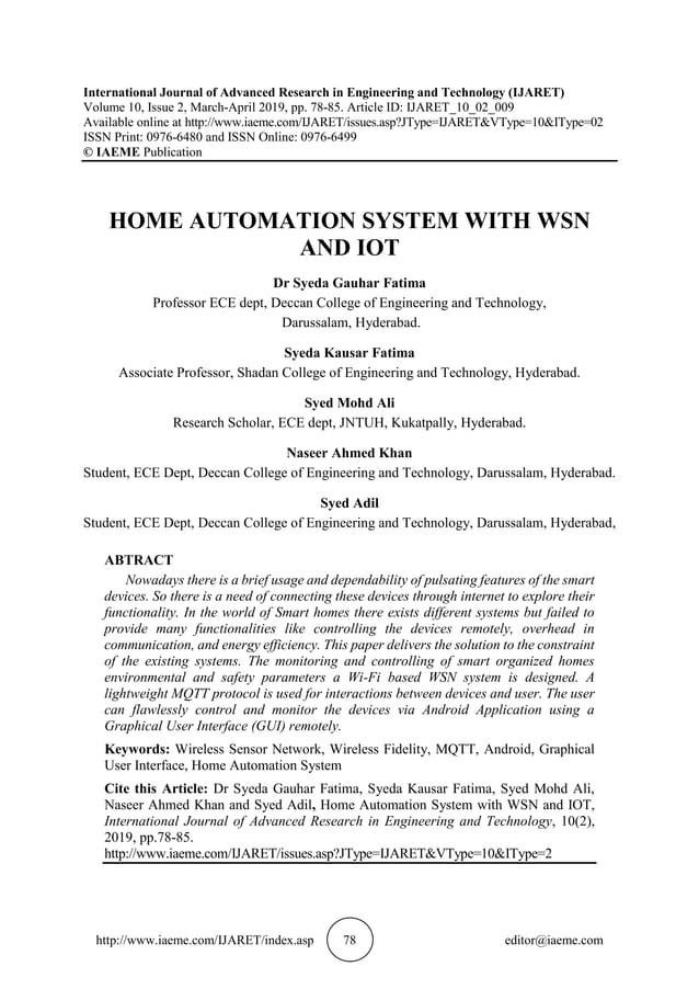 HOME AUTOMATION SYSTEM WITH WSN AND IOT | PDF