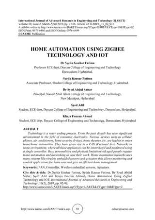 HOME AUTOMATION USING ZIGBEE TECHNOLOGY AND IOT | PDF