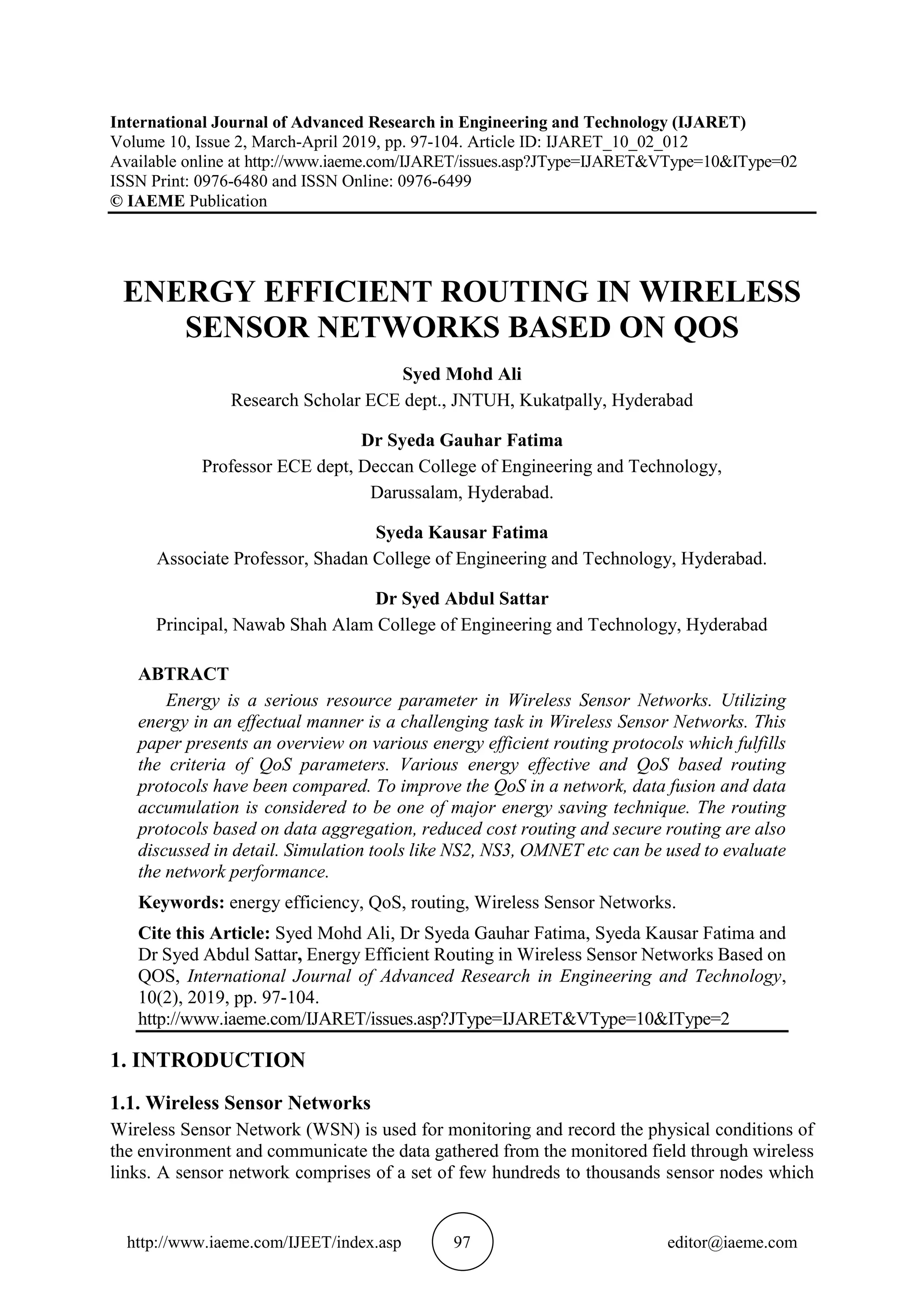 ENERGY EFFICIENT ROUTING IN WIRELESS SENSOR NETWORKS BASED ON QOS | PDF