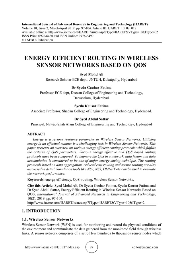 ENERGY EFFICIENT ROUTING IN WIRELESS SENSOR NETWORKS BASED ON QOS | PDF