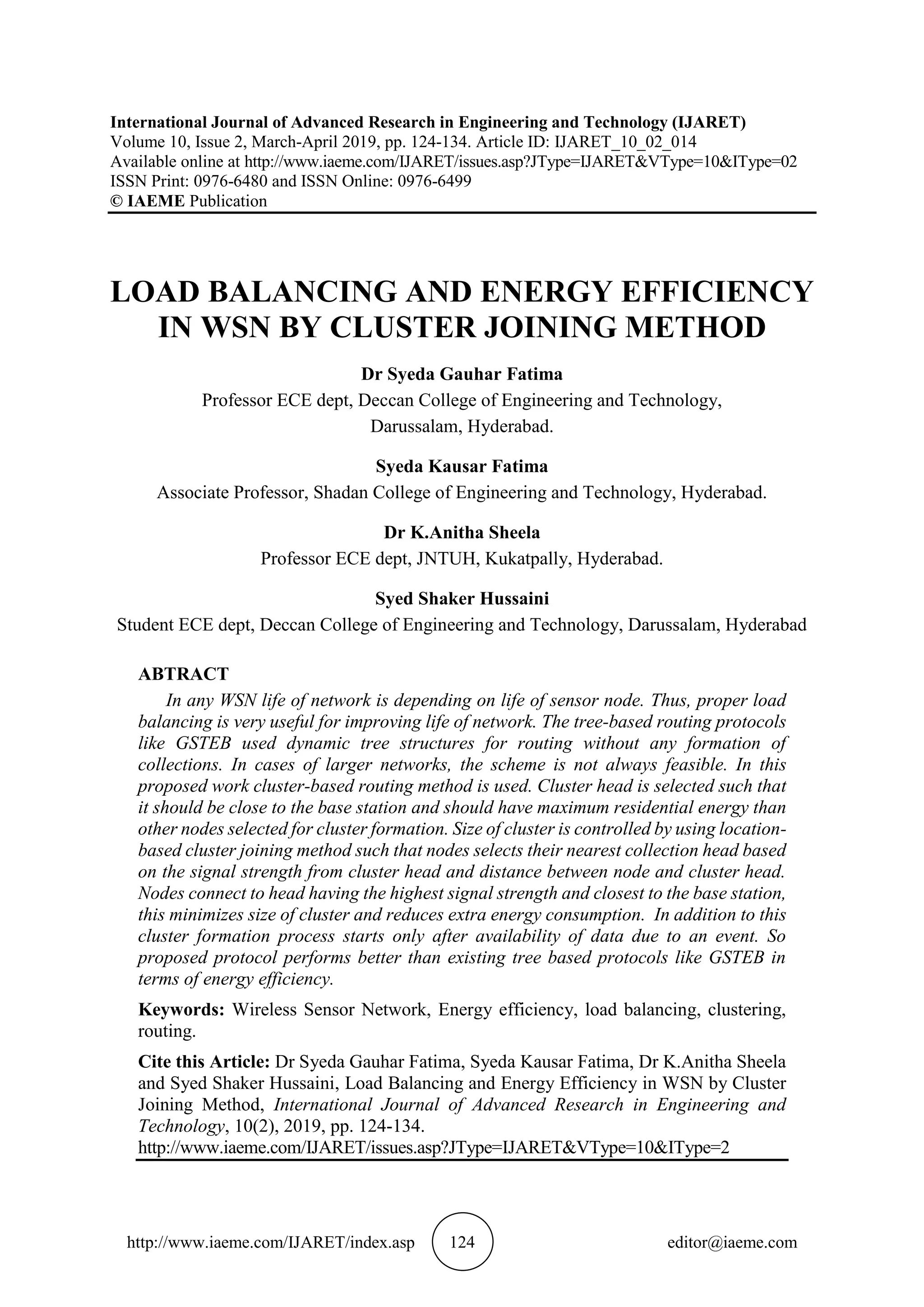 LOAD BALANCING AND ENERGY EFFICIENCY IN WSN BY CLUSTER JOINING METHOD | PDF