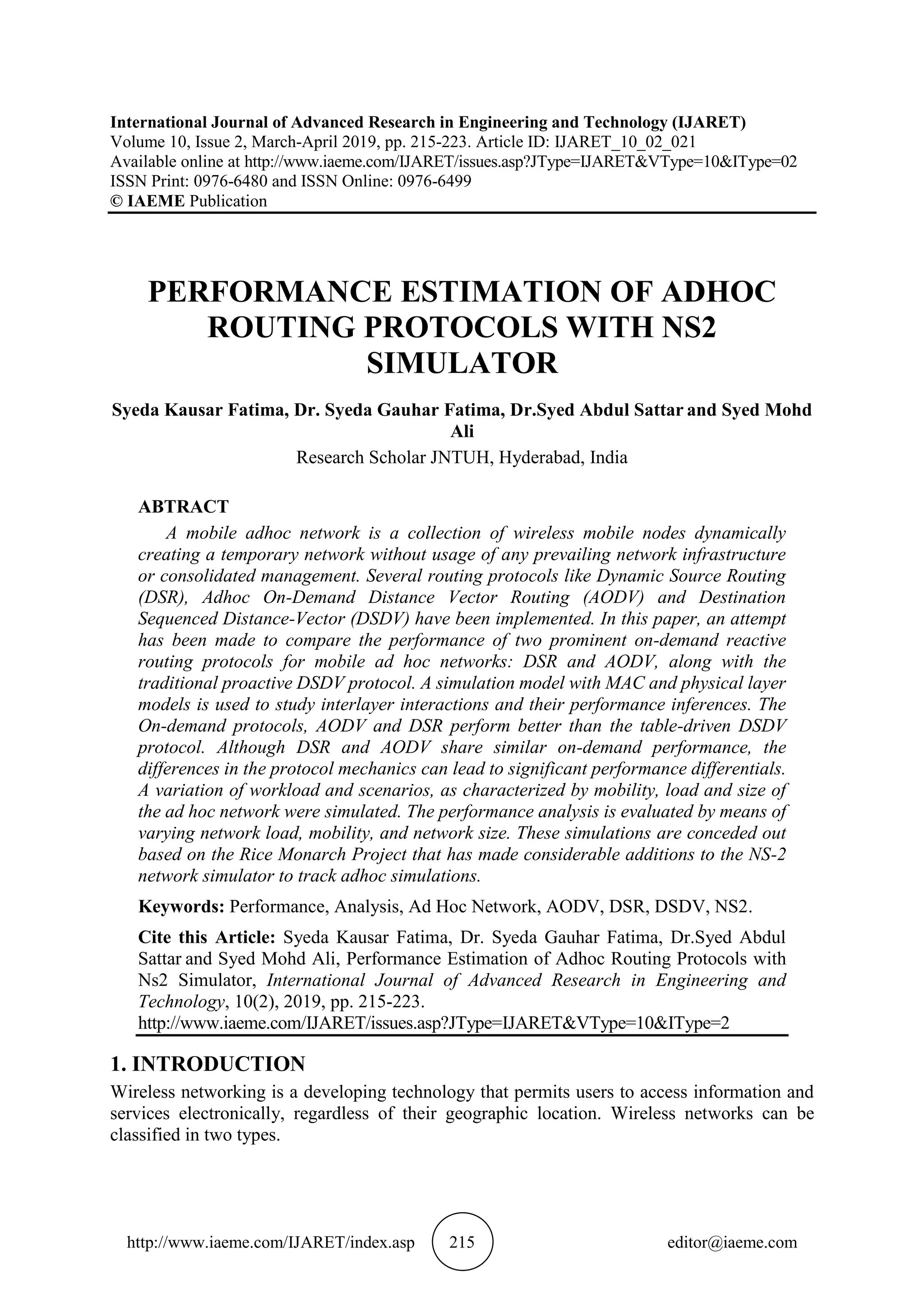 Performance Estimation Of Adhoc Routing Protocols With Ns2 Simulator Pdf