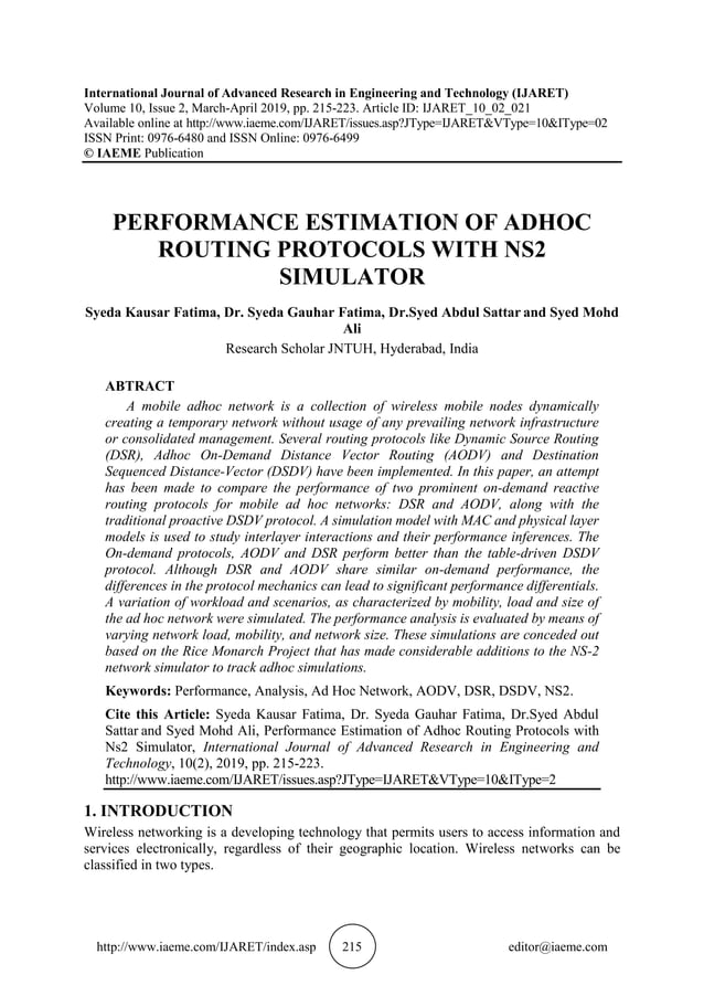 PERFORMANCE ESTIMATION OF ADHOC ROUTING PROTOCOLS WITH NS2 SIMULATOR | PDF