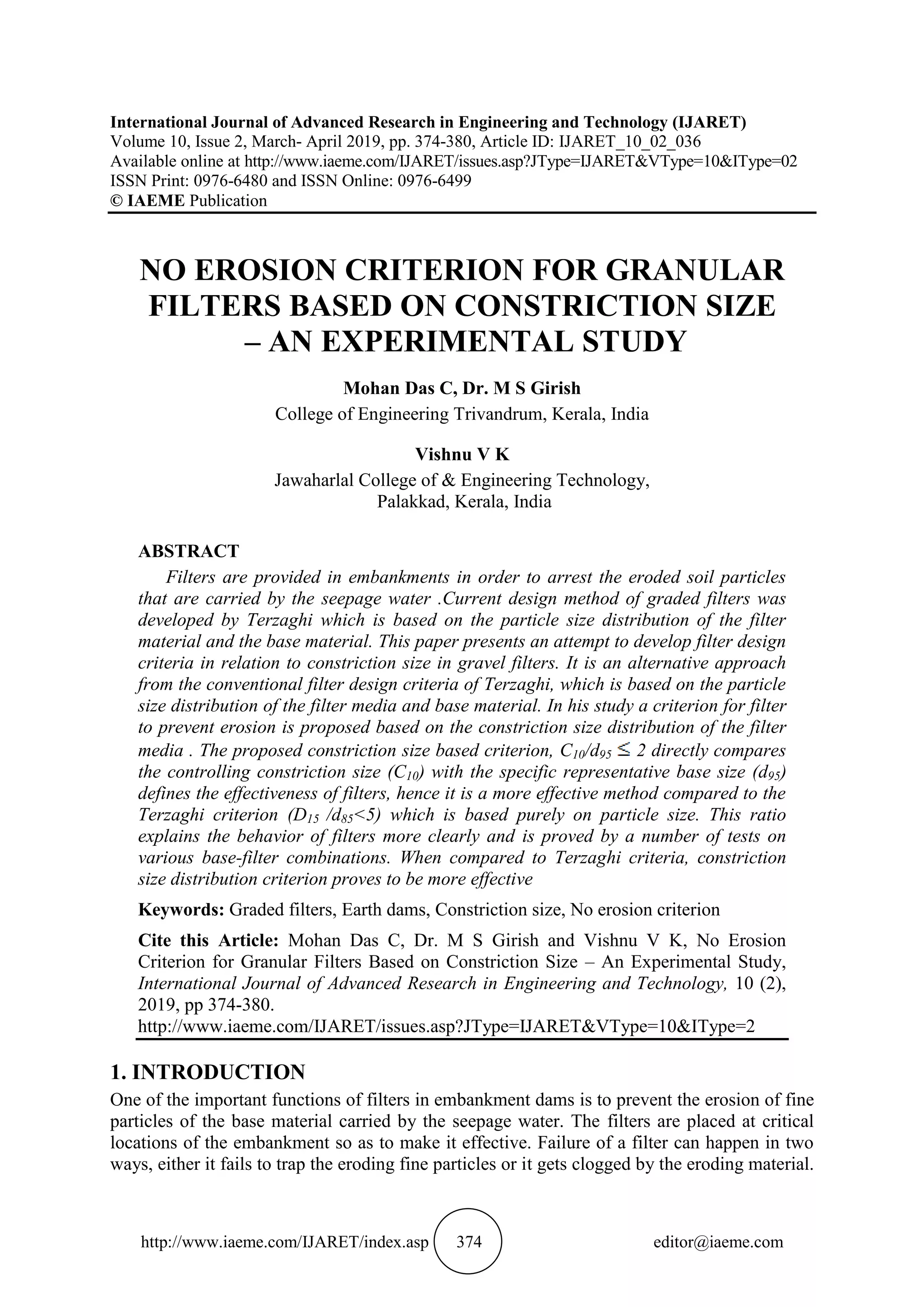 NO EROSION CRITERION FOR GRANULAR FILTERS BASED ON CONSTRICTION SIZE ...
