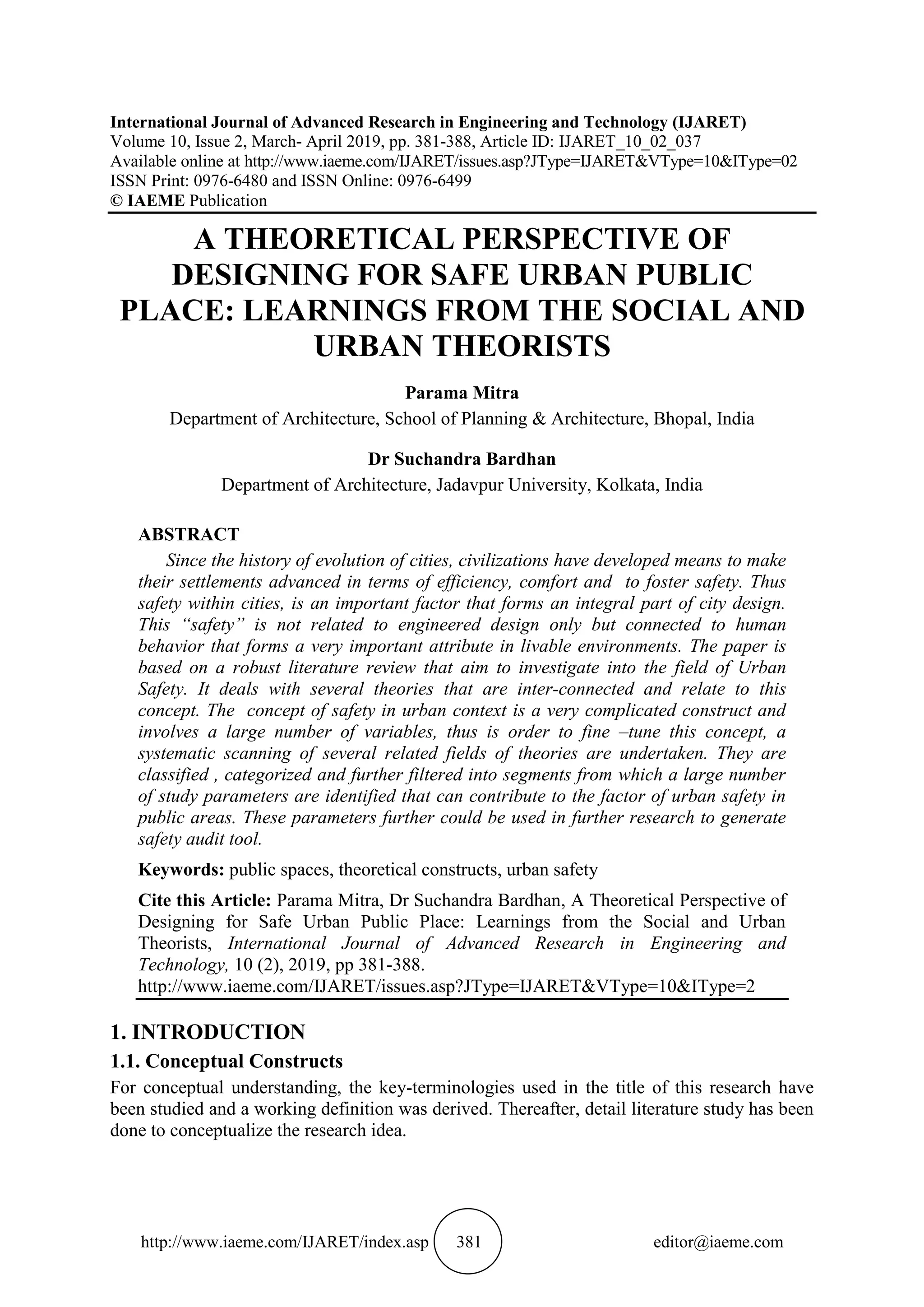 A THEORETICAL PERSPECTIVE OF DESIGNING FOR SAFE URBAN PUBLIC PLACE ...