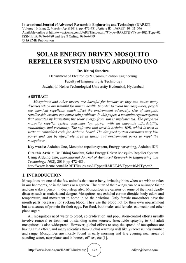 SOLAR ENERGY DRIVEN MOSQUITO REPELLER SYSTEM USING ARDUINO UNO | PDF