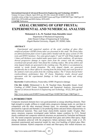 AXIAL CRUSHING OF GFRP FRUSTA: EXPERIMENTAL AND NUMERICAL ANALYSIS | PDF
