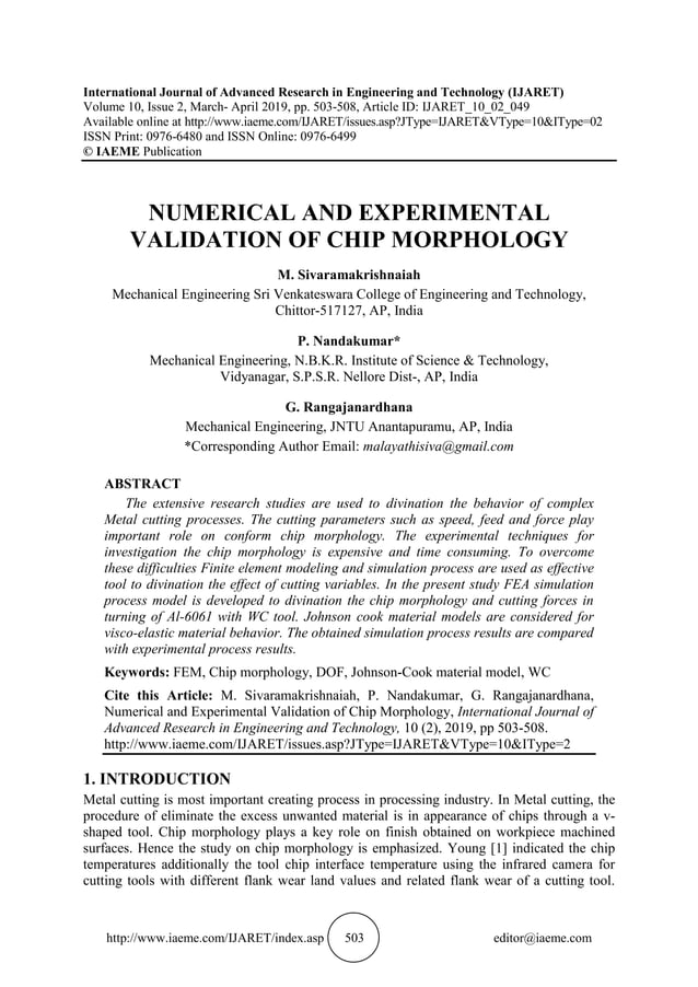NUMERICAL AND EXPERIMENTAL VALIDATION OF CHIP MORPHOLOGY | PDF