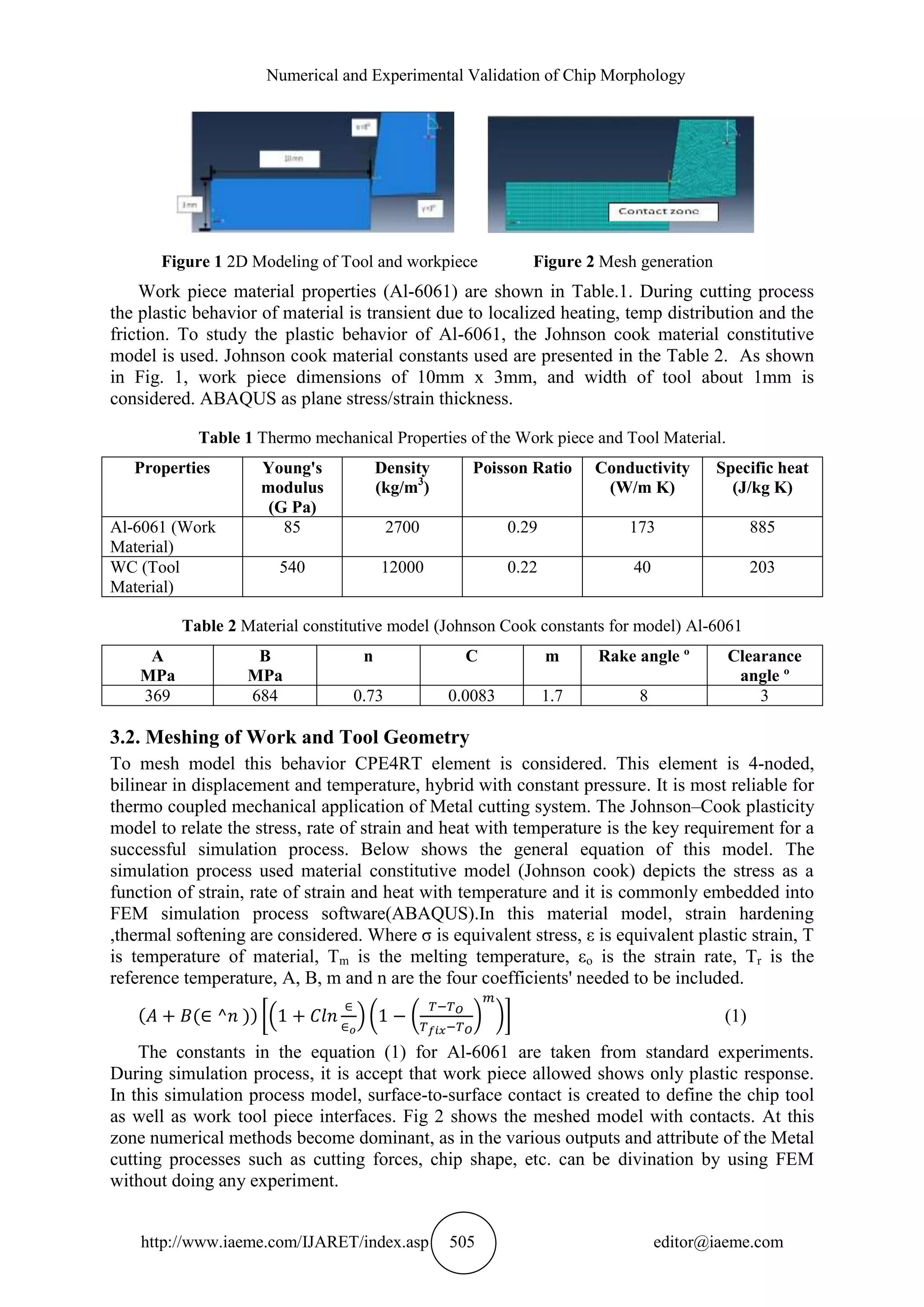 NUMERICAL AND EXPERIMENTAL VALIDATION OF CHIP MORPHOLOGY | PDF
