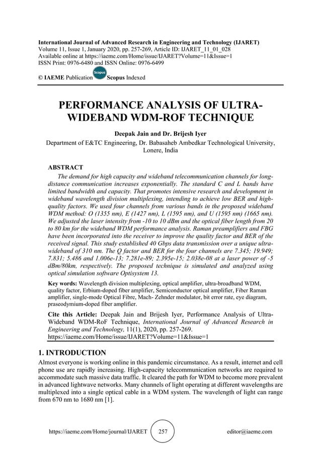 PERFORMANCE ANALYSIS OF ULTRAWIDEBAND WDM-ROF TECHNIQUE | PDF