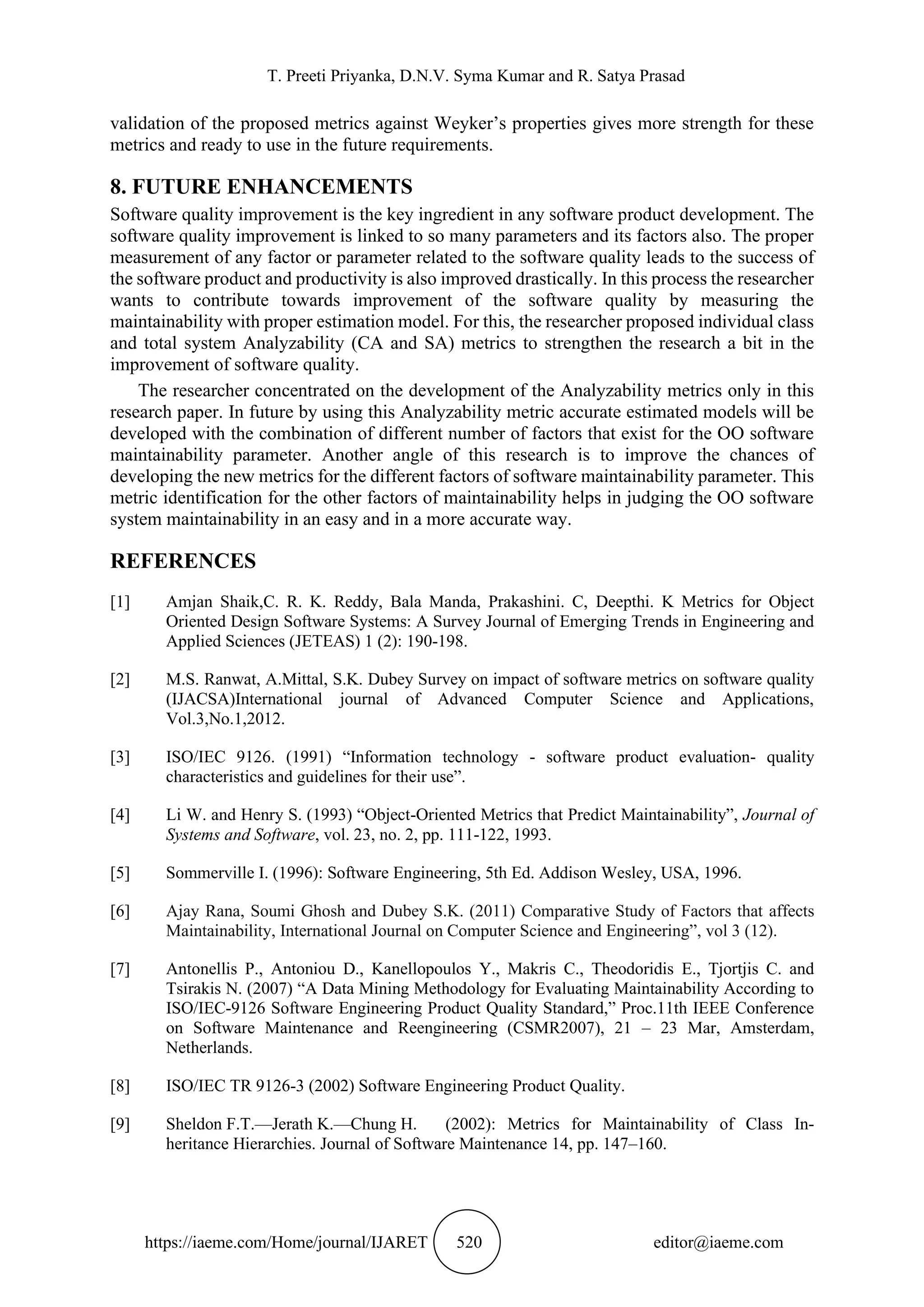 Analyzability Metric For Maintainability Of Object Oriented Software System Pdf