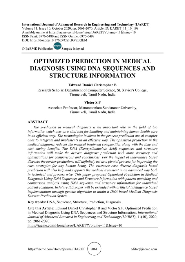 OPTIMIZED PREDICTION IN MEDICAL DIAGNOSIS USING DNA SEQUENCES AND ...