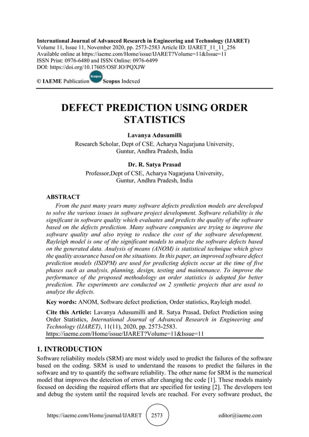 DEFECT PREDICTION USING ORDER STATISTICS | PDF
