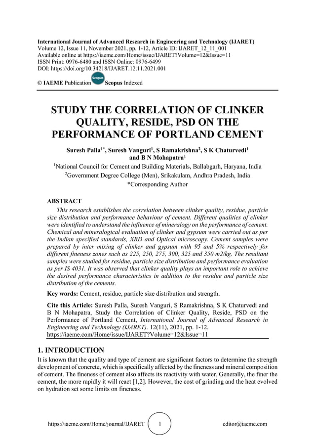 STUDY THE CORRELATION OF CLINKER QUALITY, RESIDE, PSD ON THE PERFORMANCE OF PORTLAND CEMENT | PDF