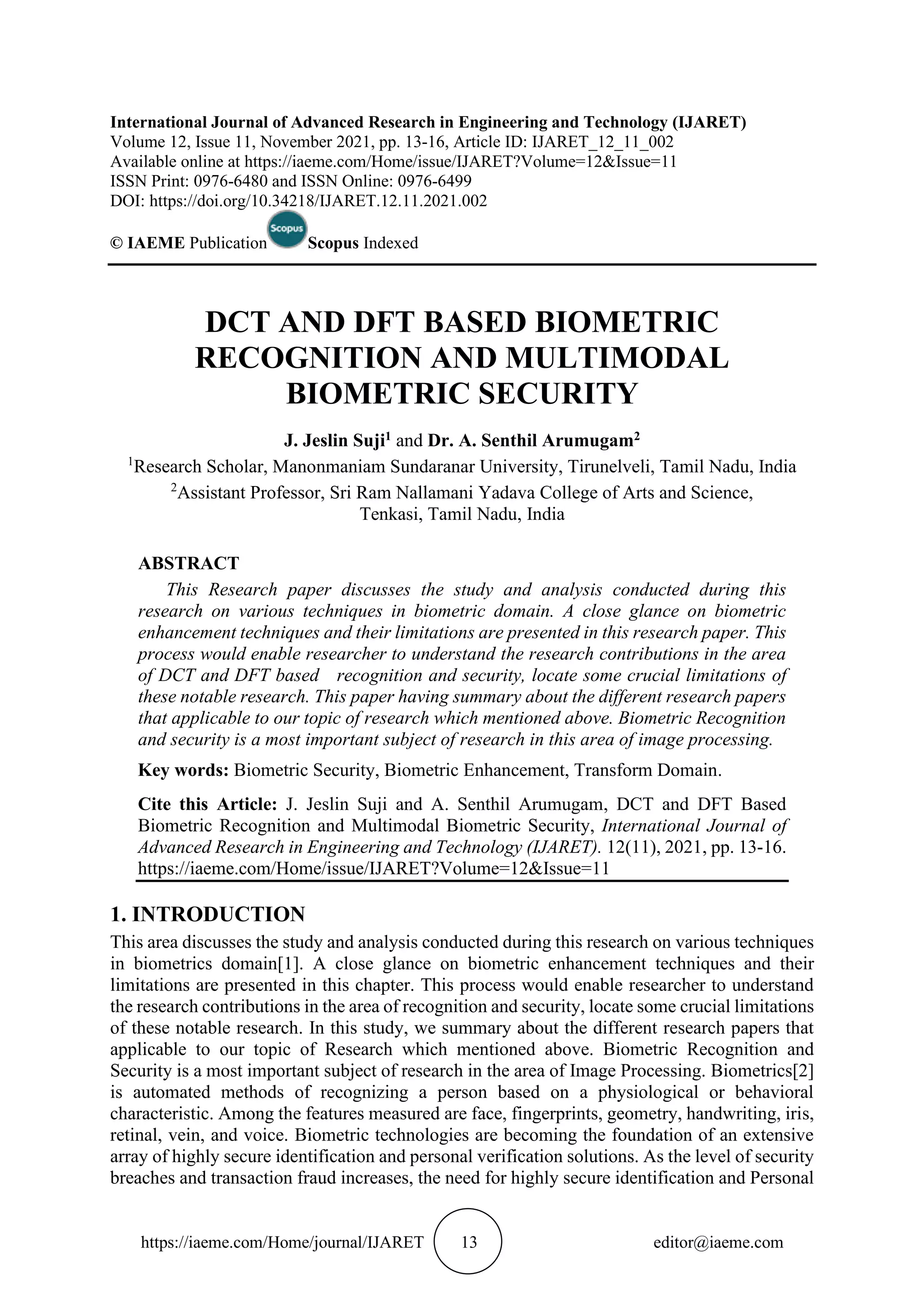 DCT AND DFT BASED BIOMETRIC RECOGNITION AND MULTIMODAL BIOMETRIC ...