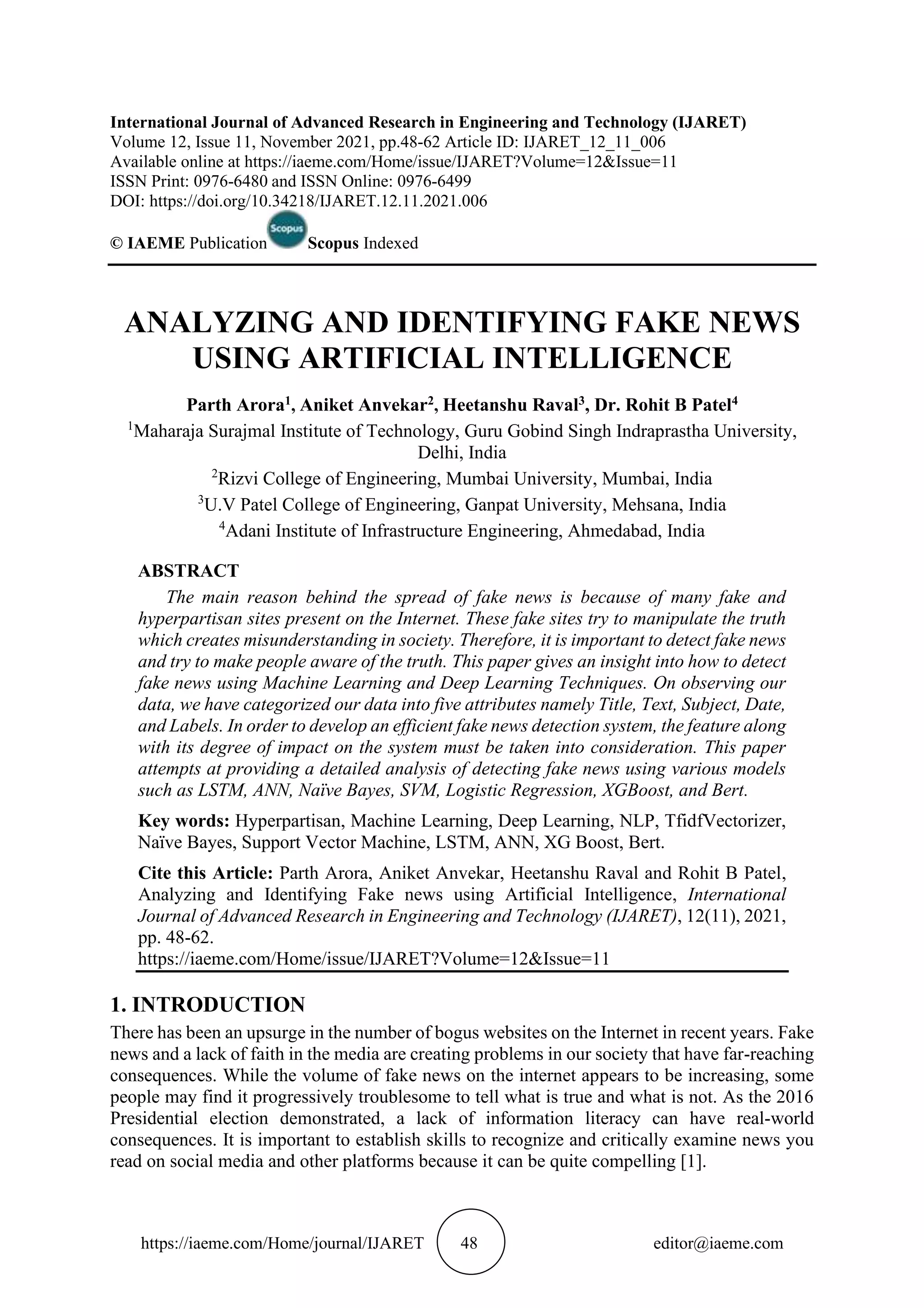 ANALYZING AND IDENTIFYING FAKE NEWS USING ARTIFICIAL INTELLIGENCE | PDF