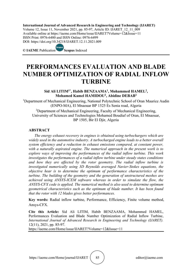 PERFORMANCES EVALUATION AND BLADE NUMBER OPTIMIZATION OF RADIAL INFLOW ...