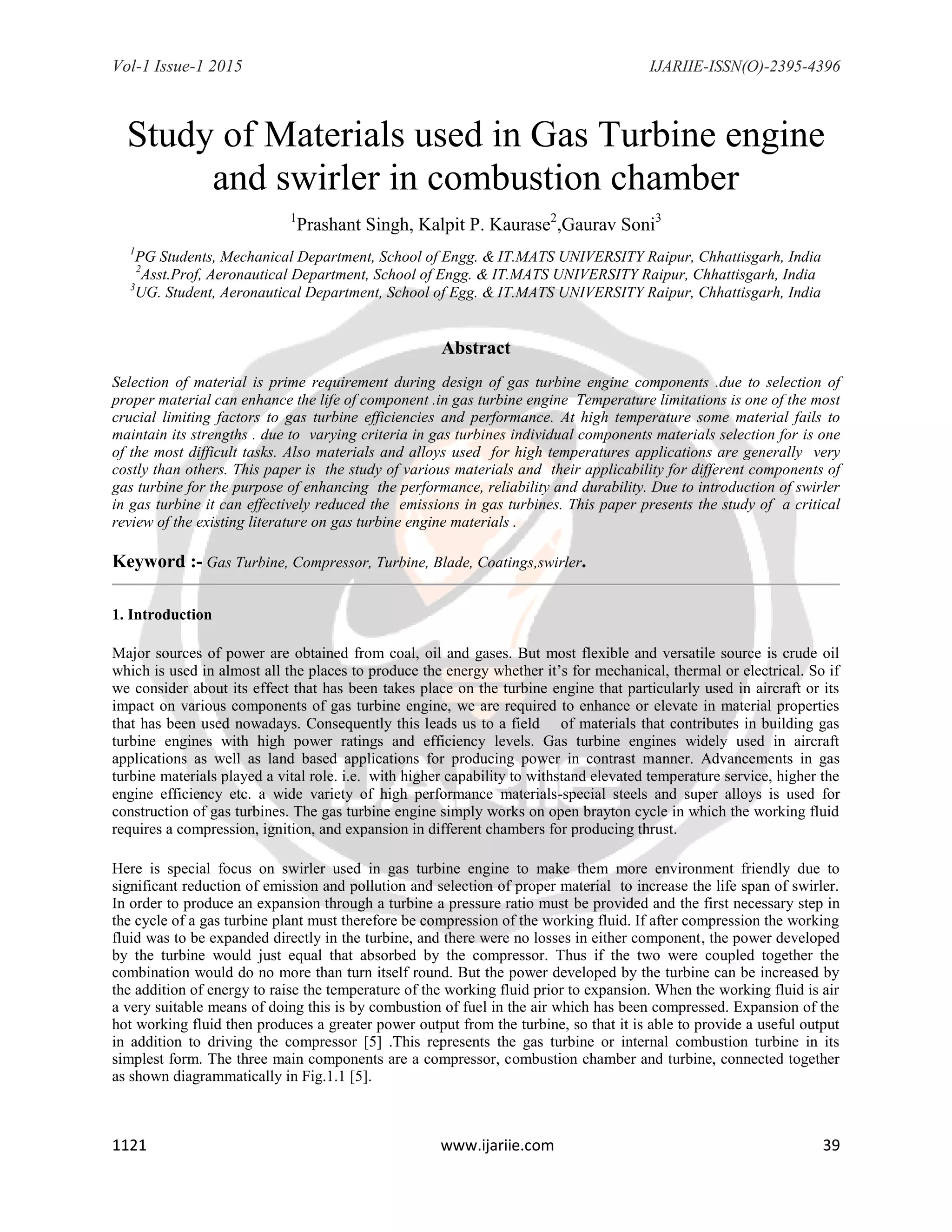 Study of Materials used in Gas Turbine engine and swirler in combustion ...