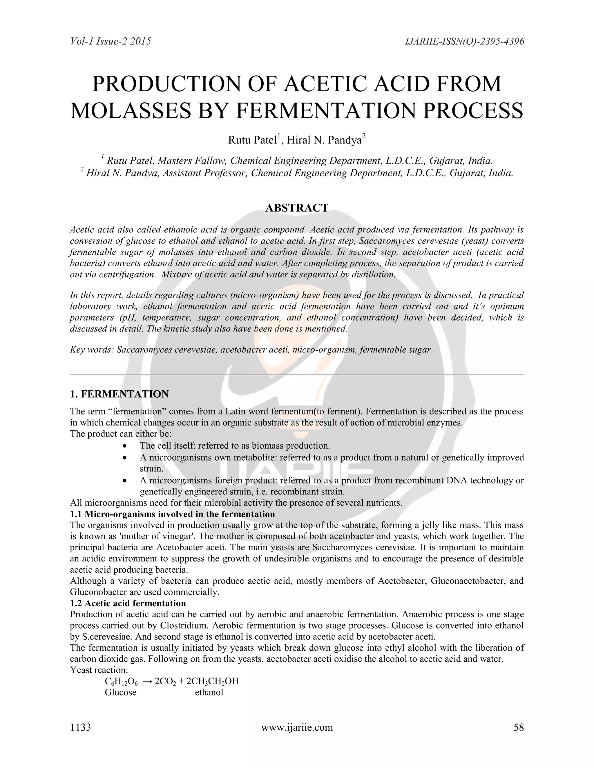 PRODUCTION OF ACETIC ACID FROM MOLASSES BY FERMENTATION PROCESS | PDF