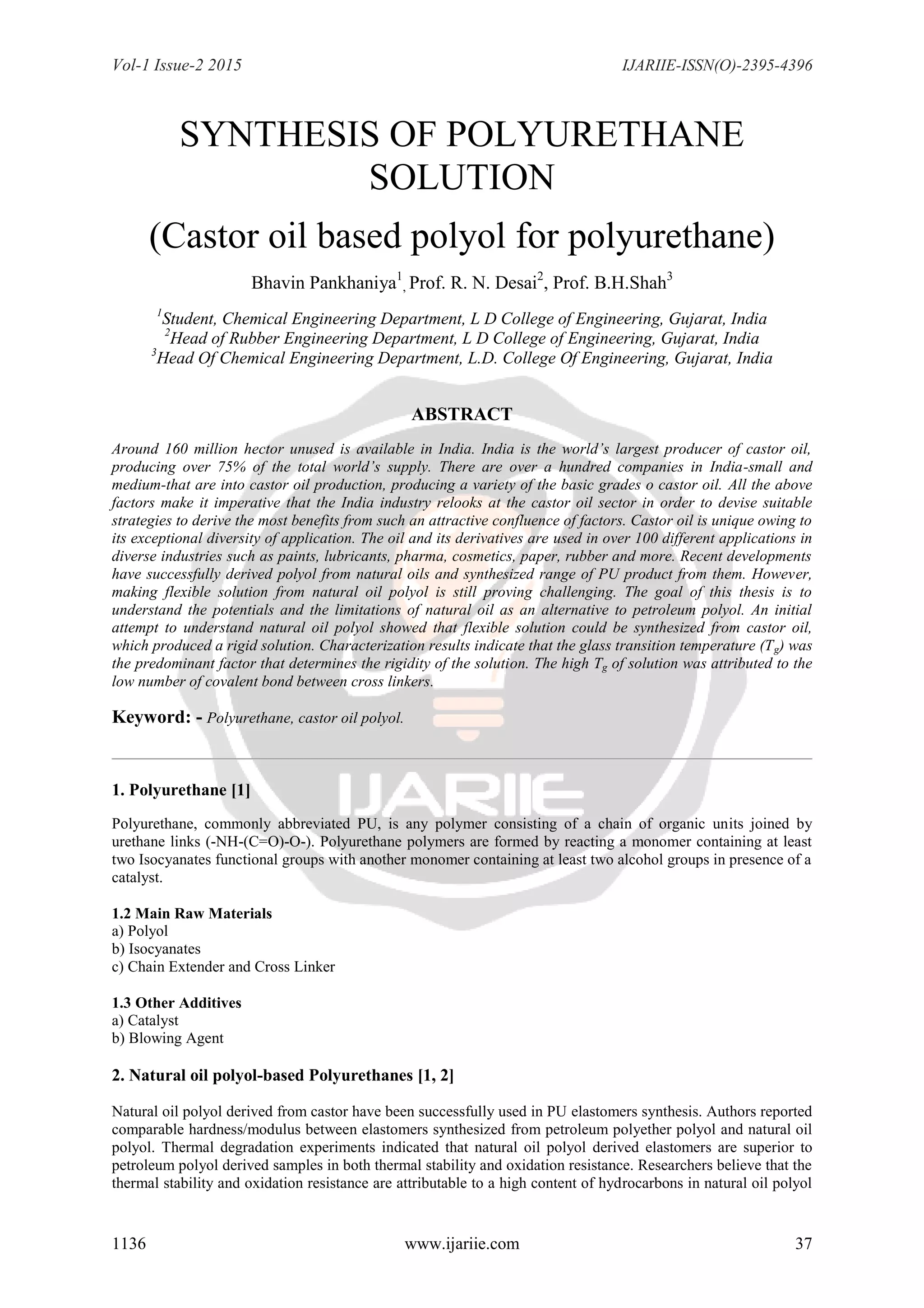 Synthesis of Polyurethane Solution (Castor oil based polyol for ...