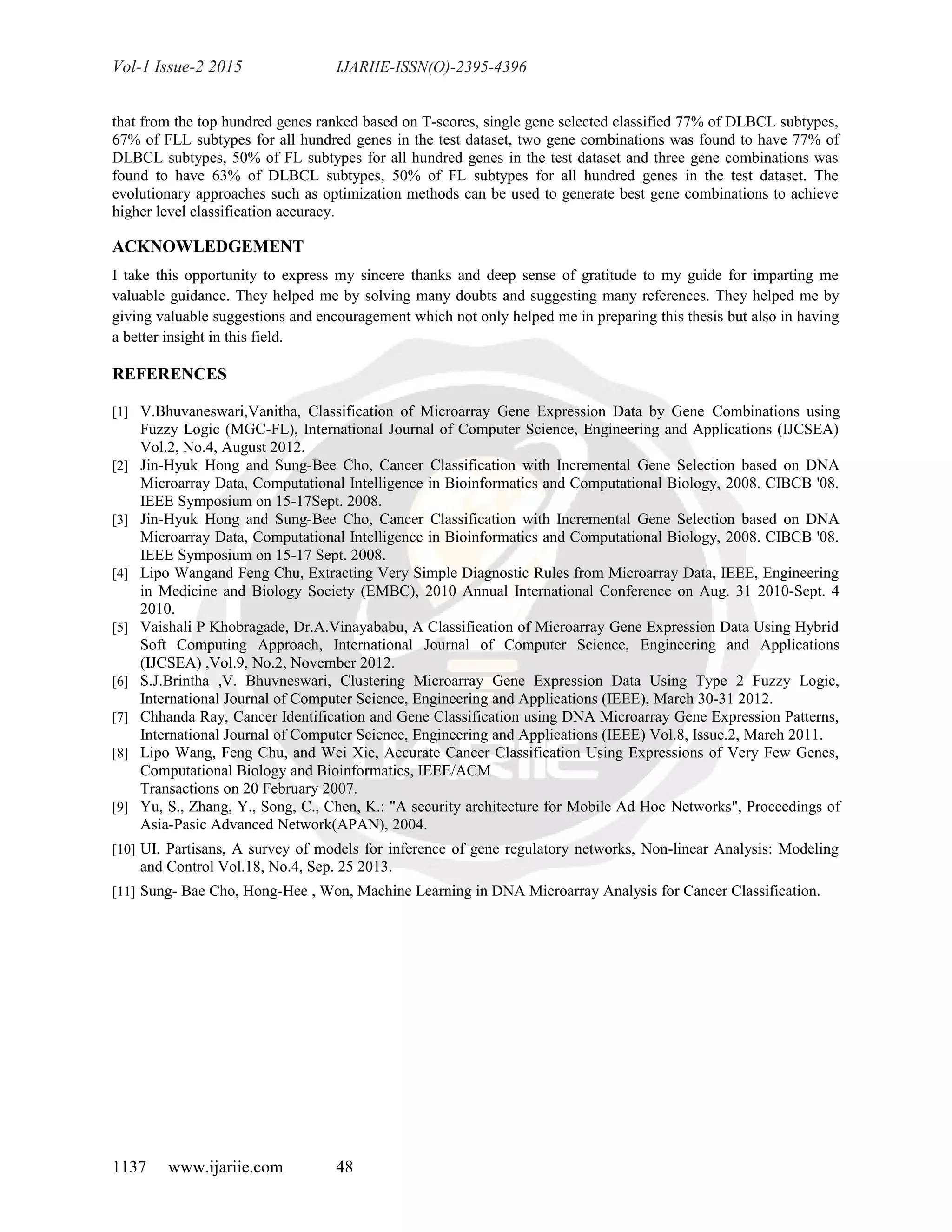Classification Of Gene Expression Data By Gene Combination Using Fuzzy Logic Doc