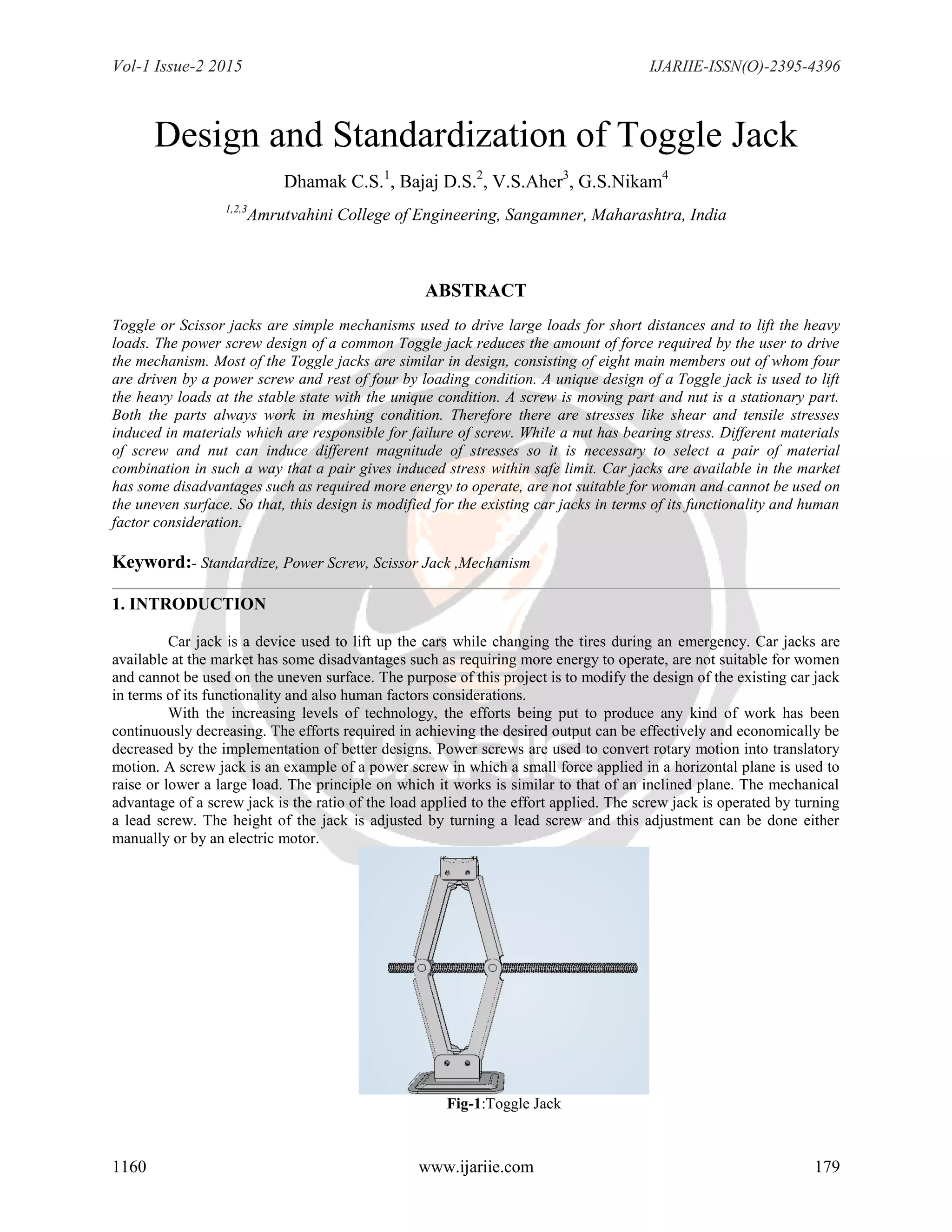 Design and Standardization of Toggle Jack | PDF
