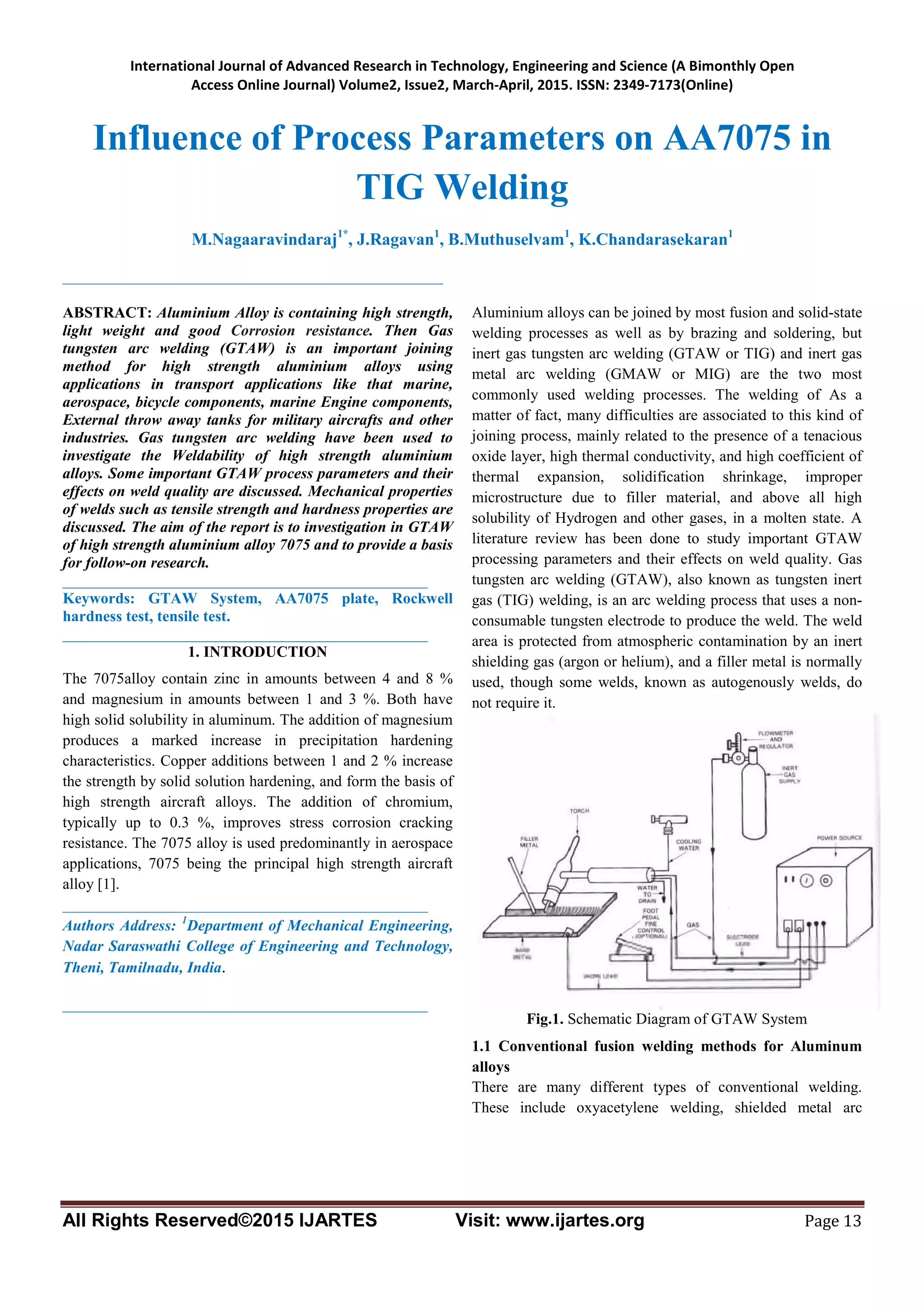Influence of Process Parameters on AA7075 in TIG Welding | PDF | Chemistry | Science