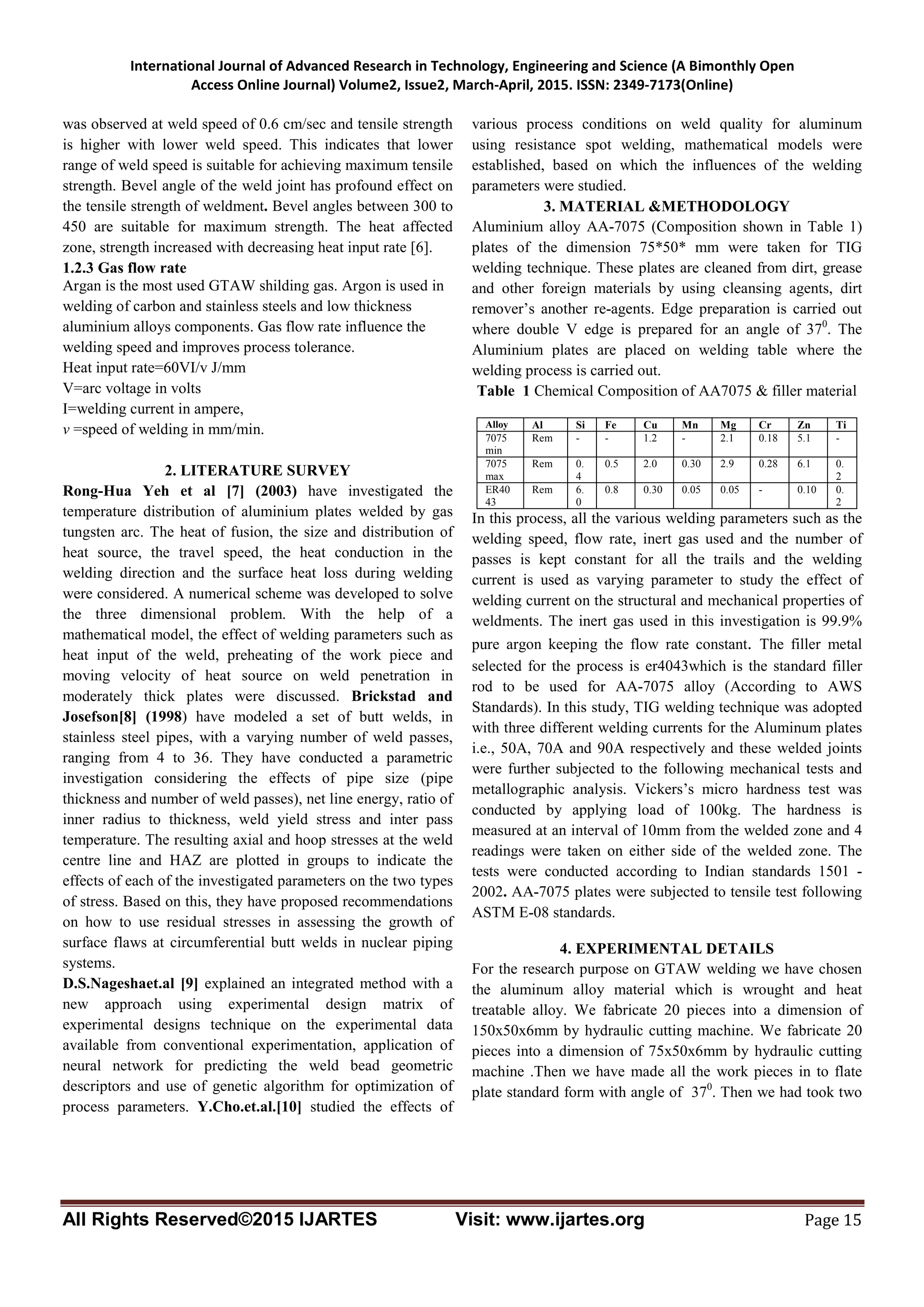 Influence of Process Parameters on AA7075 in TIG Welding | PDF | Chemistry | Science