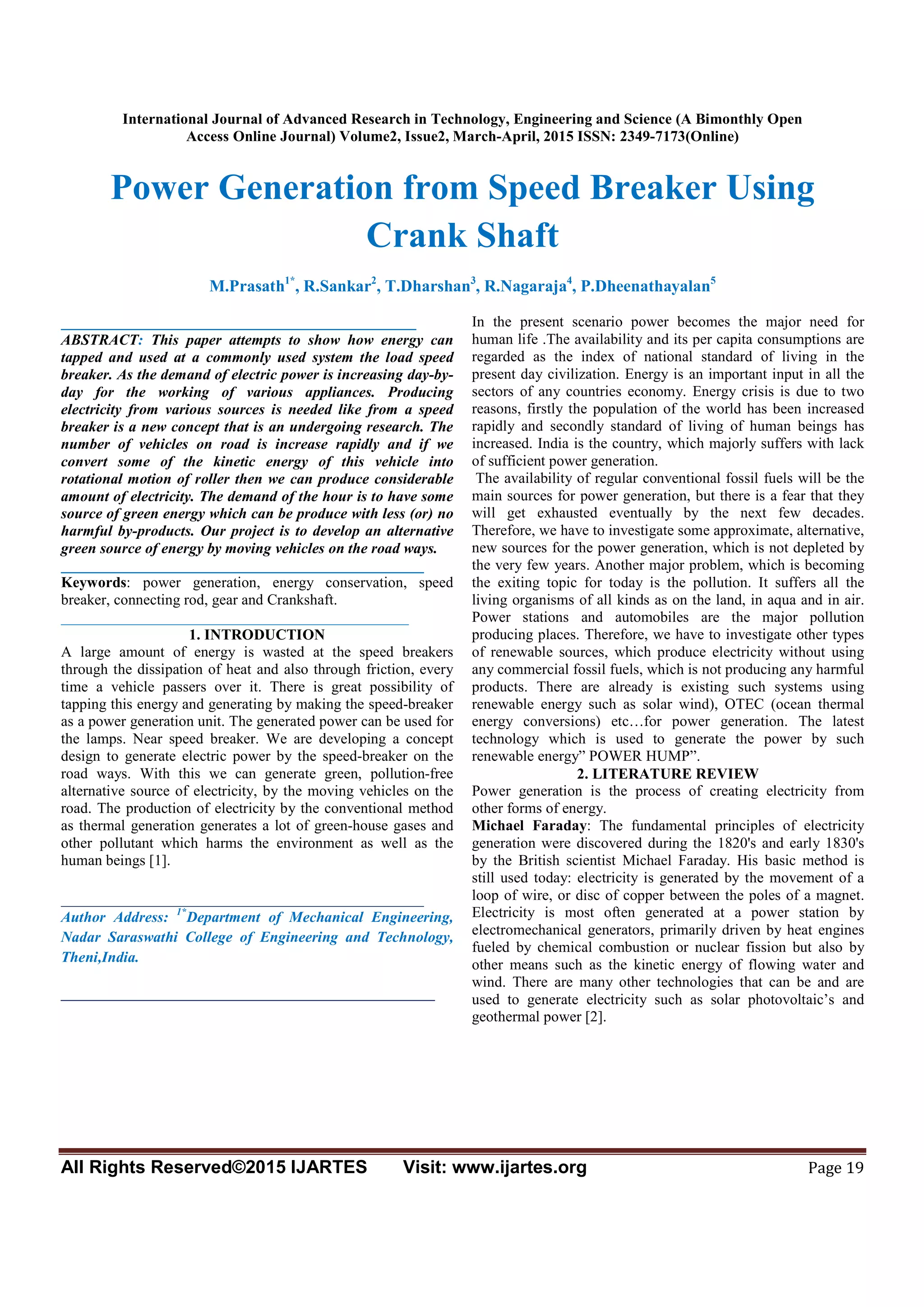 Power Generation from Speed Breaker Using Crank Shaft | PDF