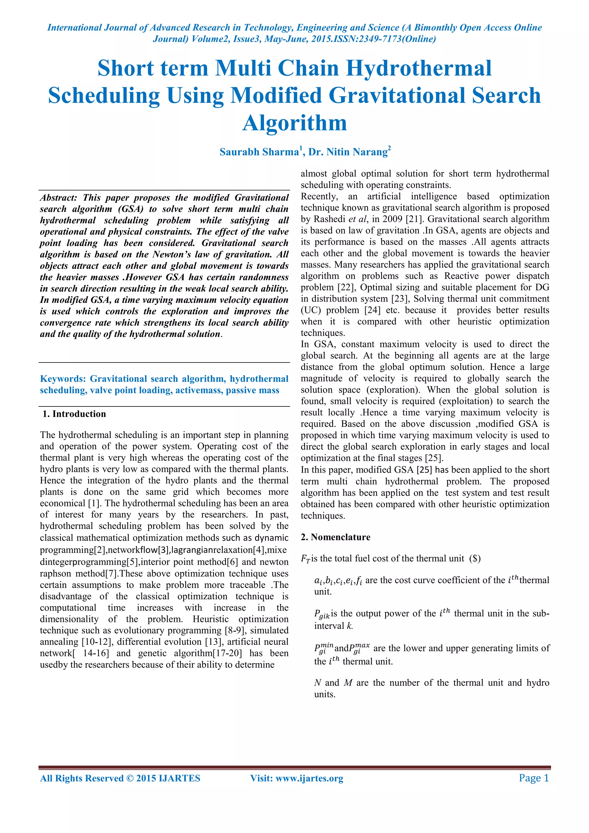 Short term Multi Chain Hydrothermal Scheduling Using Modified Gravitational Search Algorithm | PDF