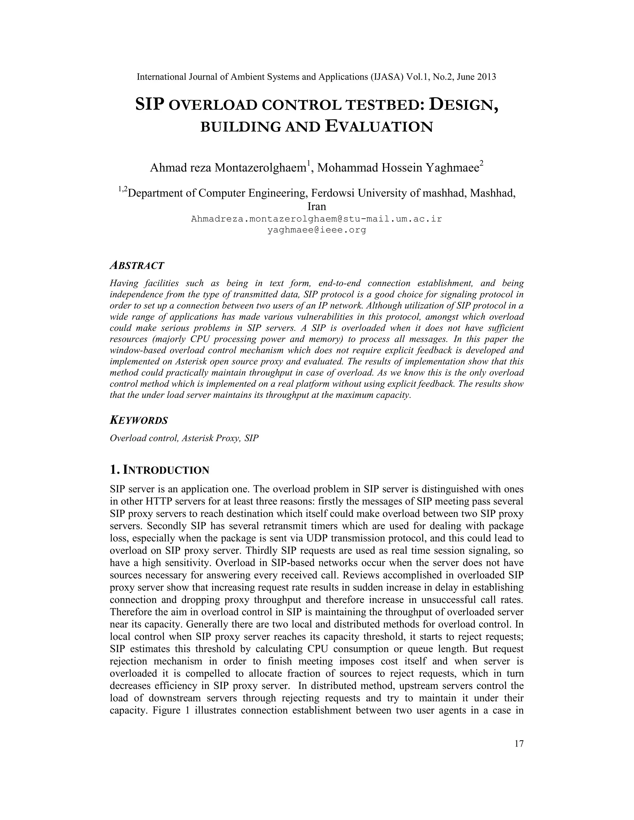 Sip Overload Control Testbed: Design, Building And Evaluation | PDF