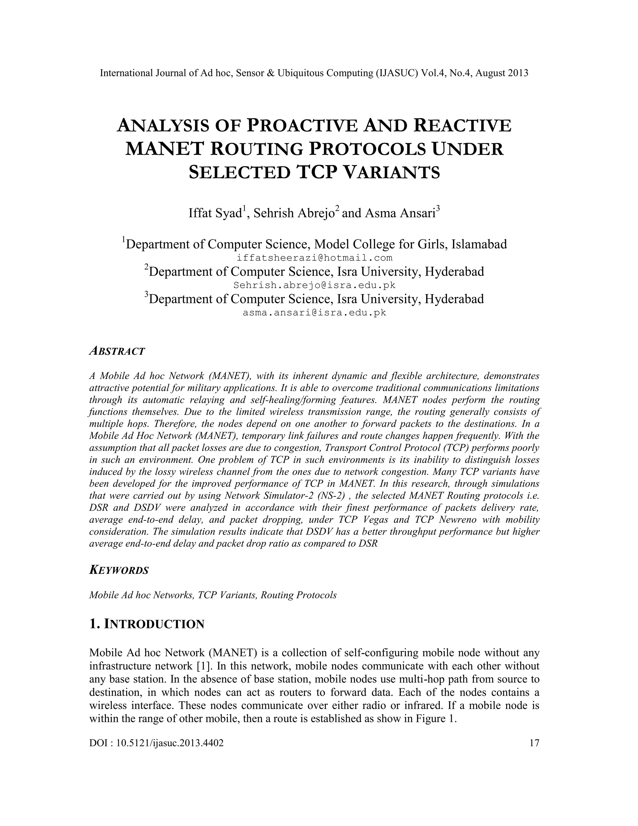 Analysis Of Proactive And Reactive Manet Routing Protocols Under Selected Tcp Variants Pdf
